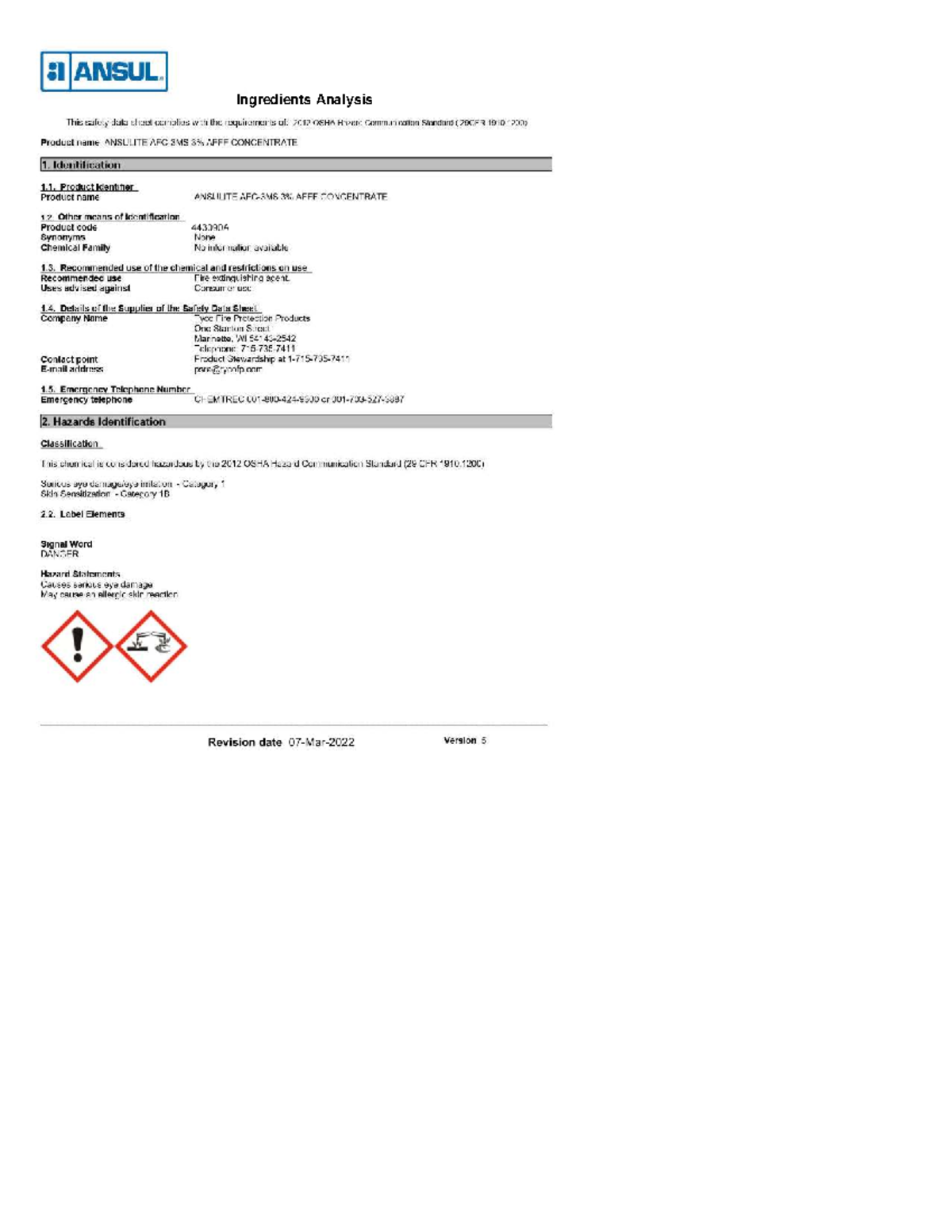 AFFF-3 Safety Data Sheet: ANSULITE CONCENTRATE Ingredients Analysis ...