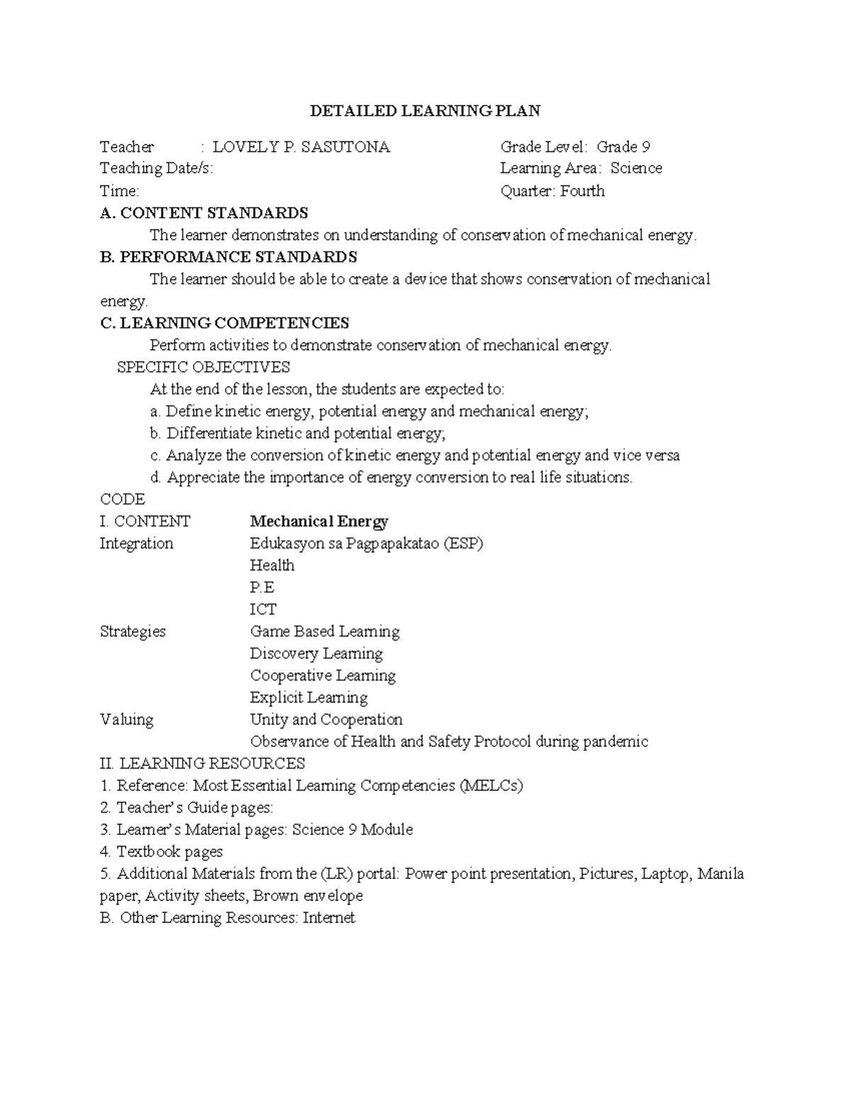 Detailed Learning Plan in Science - DETAILED LEARNING PLAN Teacher ...
