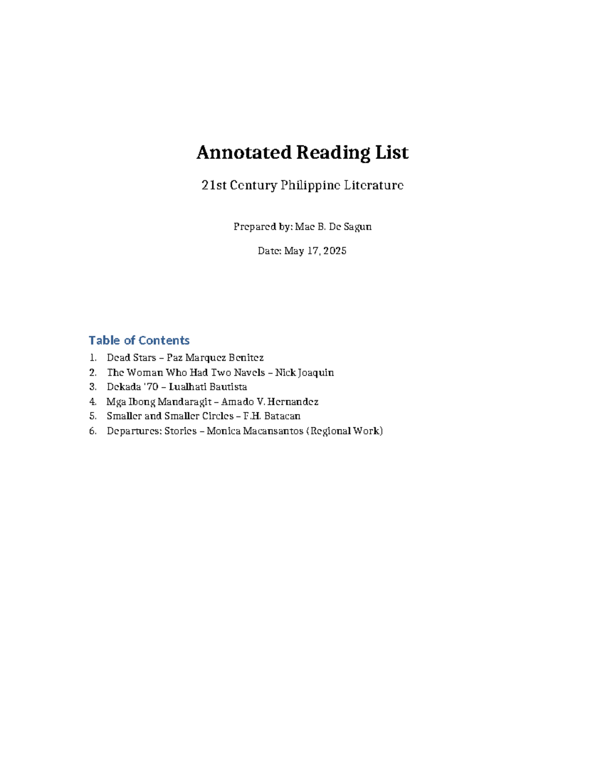 Annotated Reading List: 21st Century Philippine Literature - Studocu