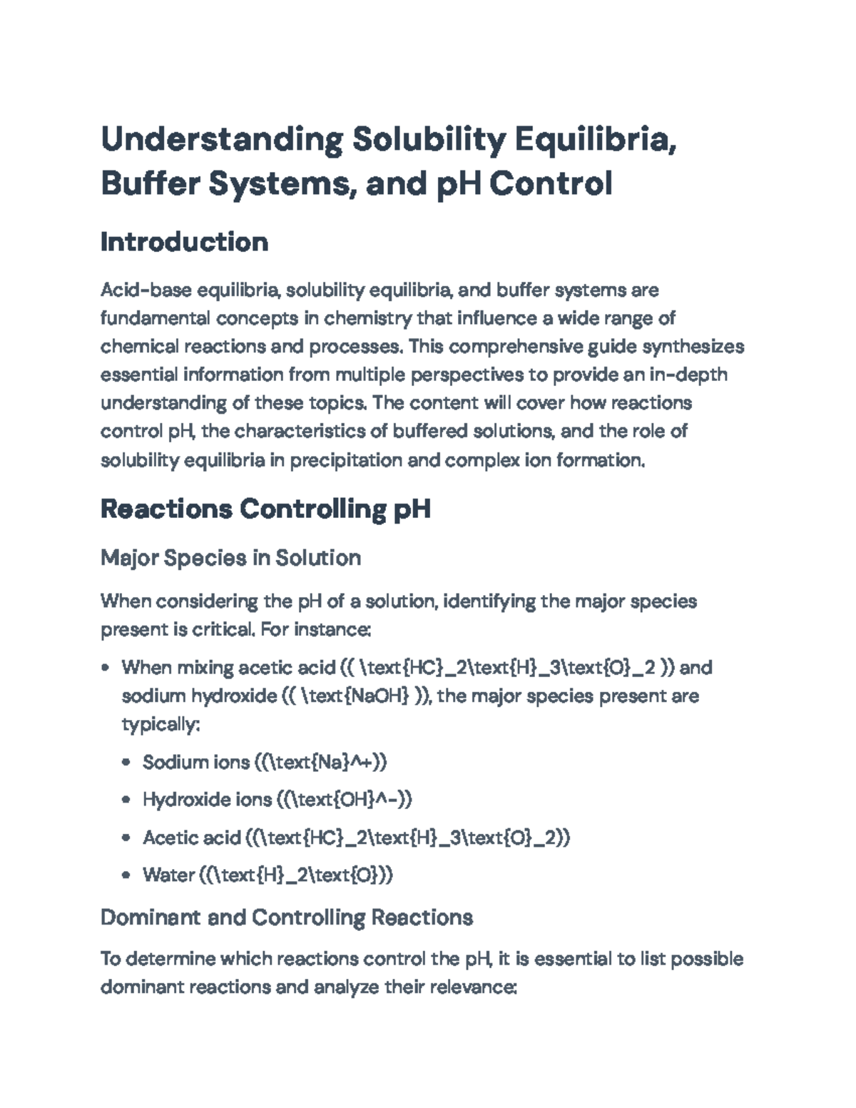 Understanding Solubility Equilibria, Buffer Systems, and pH Control ...