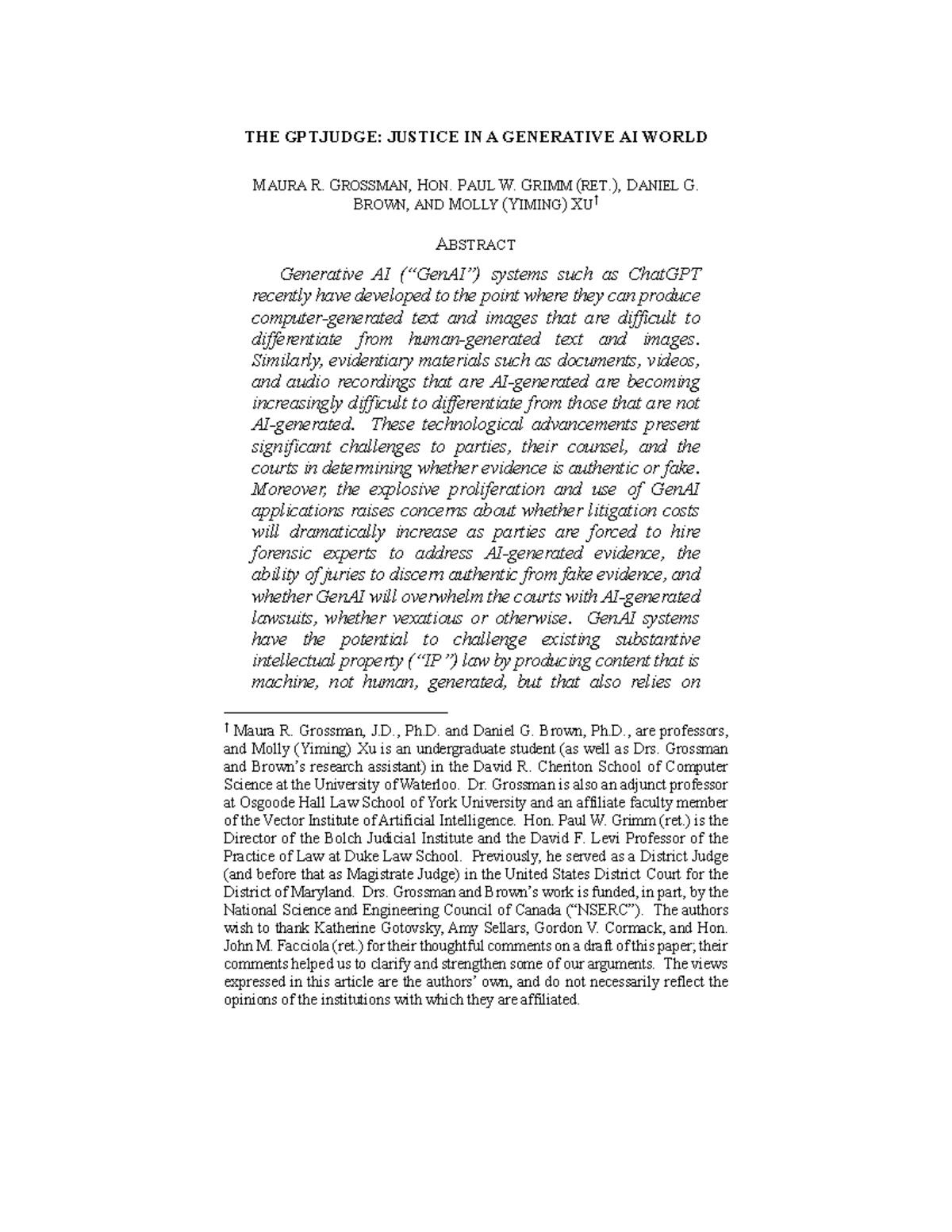 The GPTJudge: Justice and the Challenges of Generative AI in Law - Generative AI (“GenAI ...