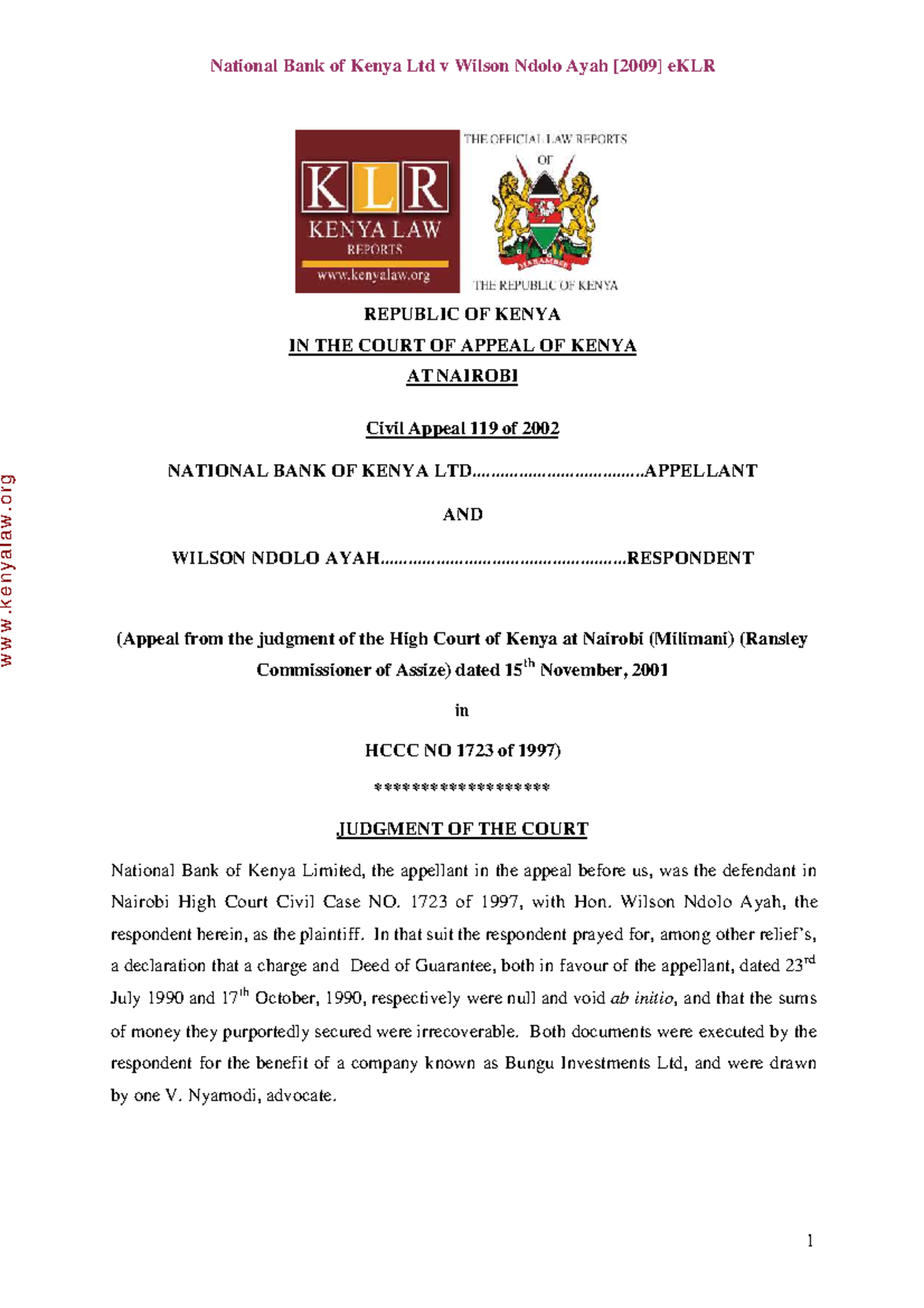 National Bank of Kenya Ltd v Wilson Ndolo Ayah: Civil Appeal 119/2002 ...