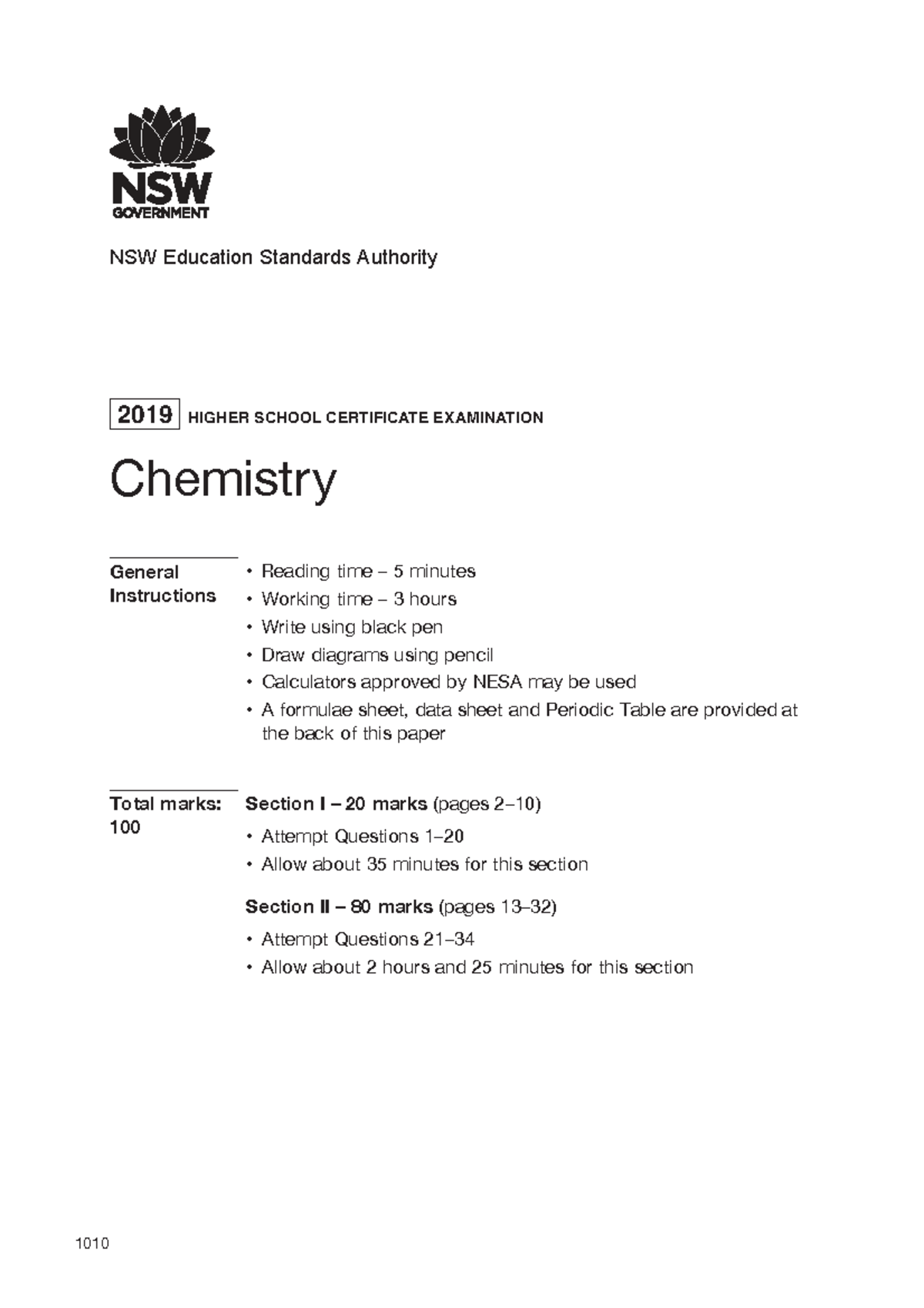 2019 HSC Chemistry Exam Paper - General Instructions & Questions - Studocu