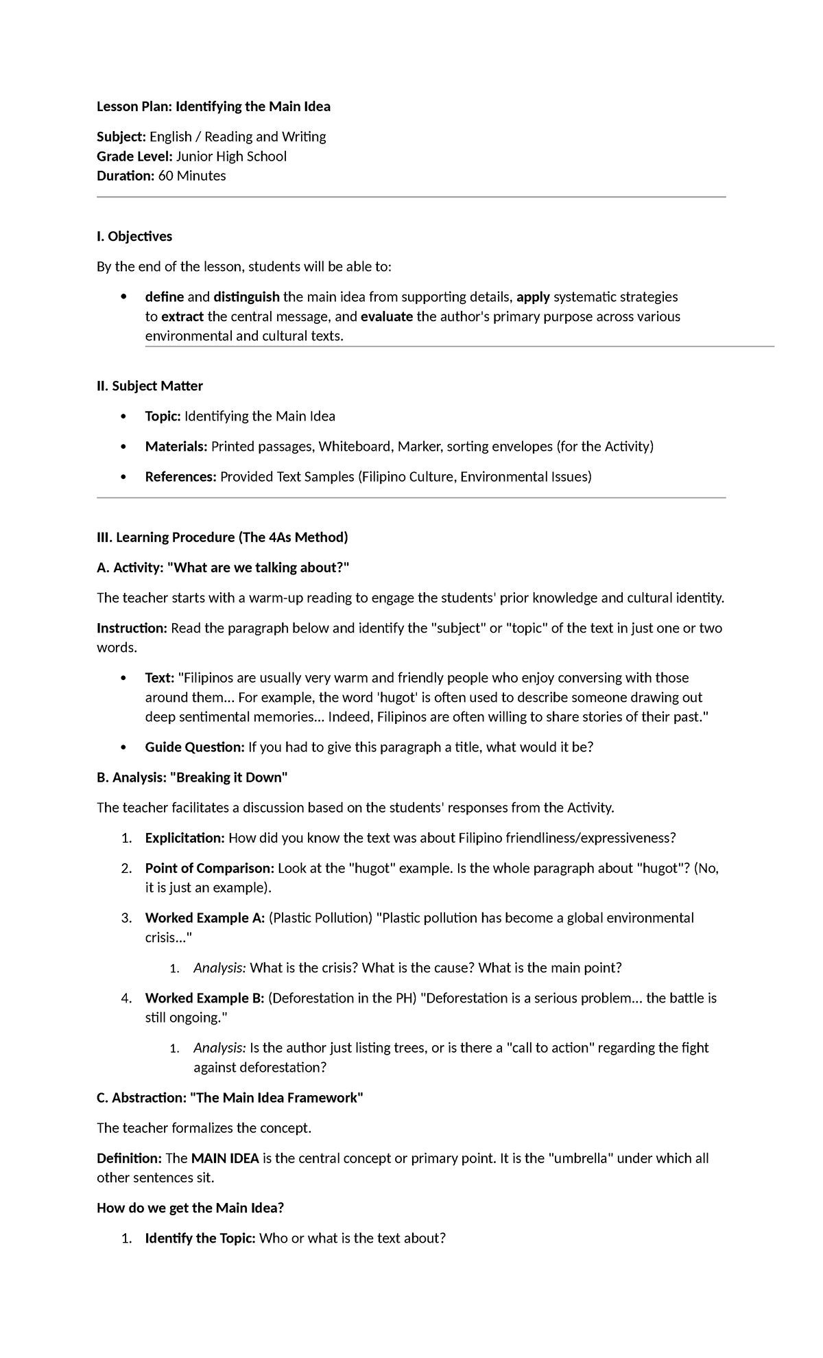 Lesson Plan: Identifying the Main Idea for Junior High English - Studocu