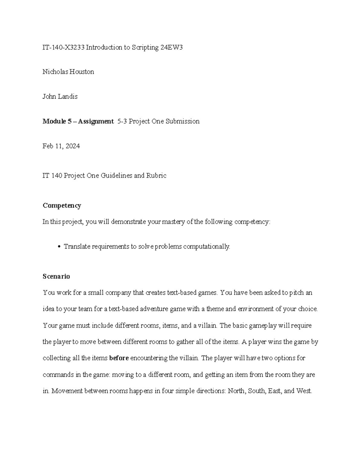 IT-140 Module 5 - Project One: Text-Based Adventure Game Design - Studocu
