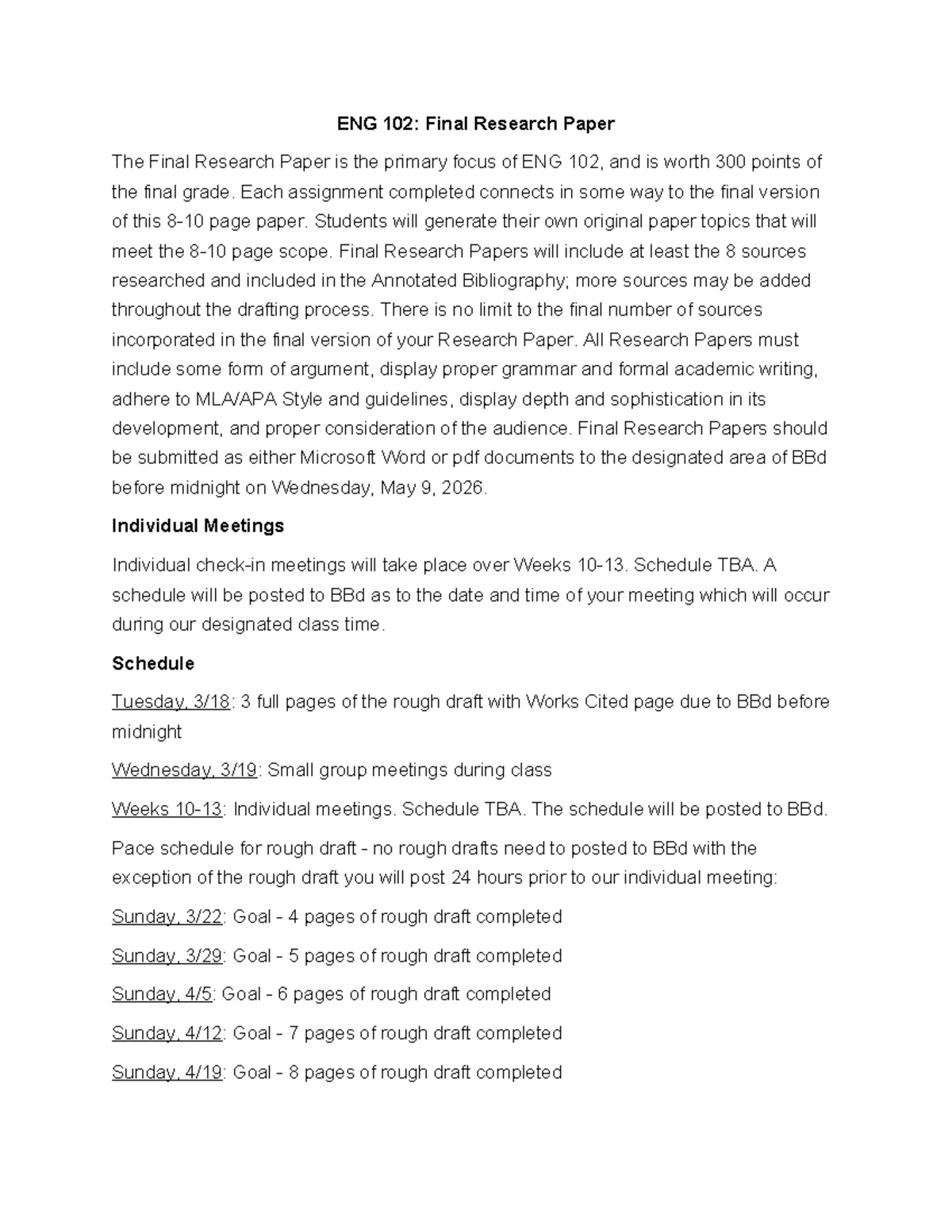ENG 102: Final Research Paper Guidelines and Schedule SP 23 - Studocu