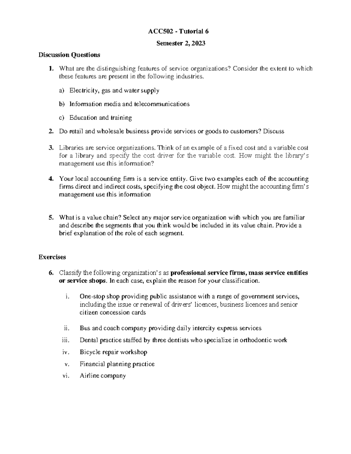 ACC502 - Semester 2, 2023 Tutorial 6: Service Organization Analysis ...