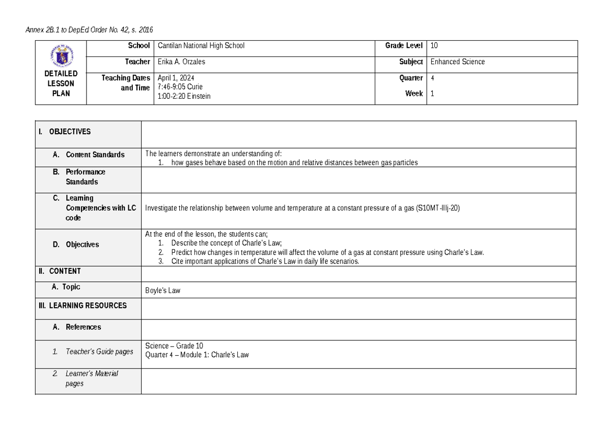 Enhanced Science 10 Lesson Plan: Understanding Charles' Law - Studocu