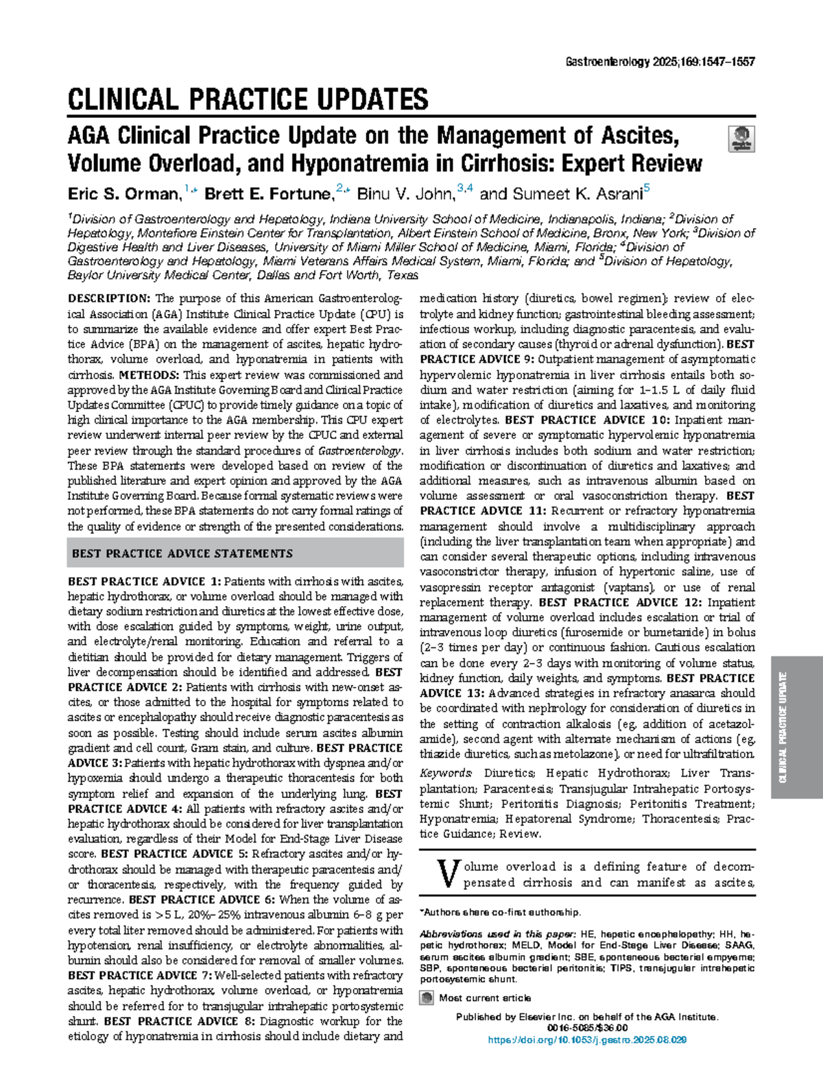 AGA Clinical Practice Update: Managing Ascites, Volume Overload ...