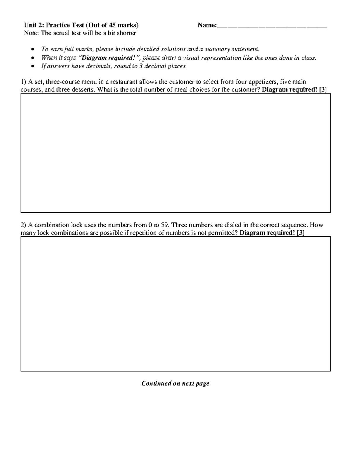 MDM4U Unit 2 Practice Test 2 (November 2024) with Solutions - Studocu