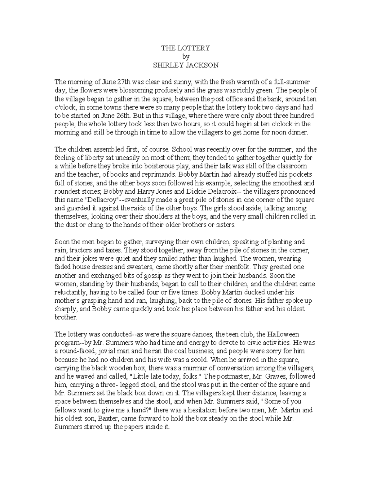 ENG 101: Analysis of "The Lottery" by Shirley Jackson - Studocu