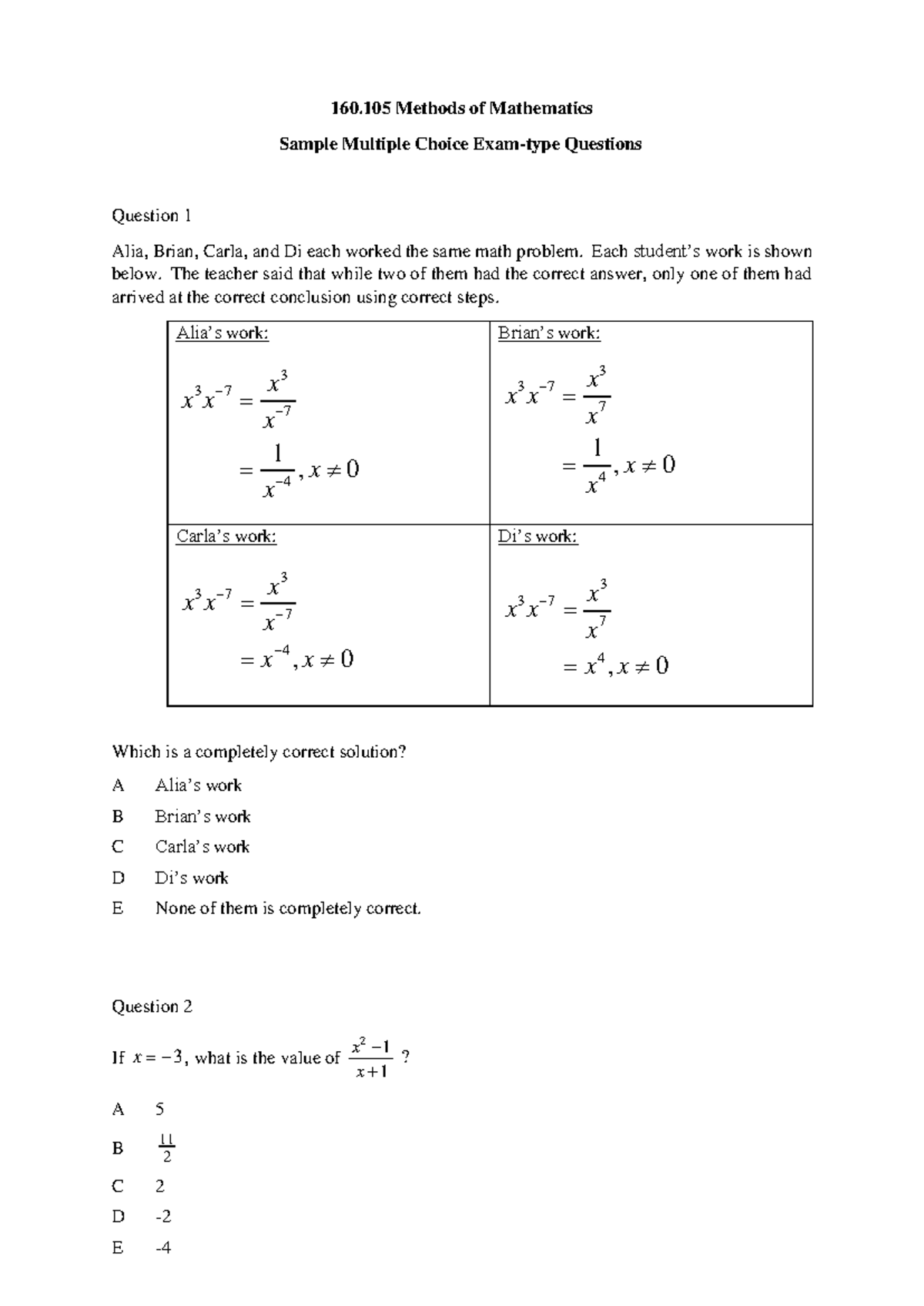 160.105 Methods of Mathematics Sample MC Questions - Studocu