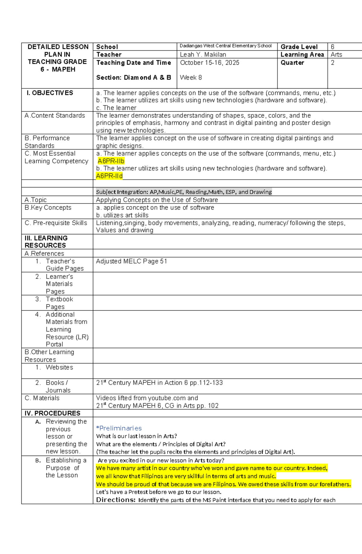 Detailed Lesson Plan for Grade 6 MAPEH: Digital Art Techniques - Studocu