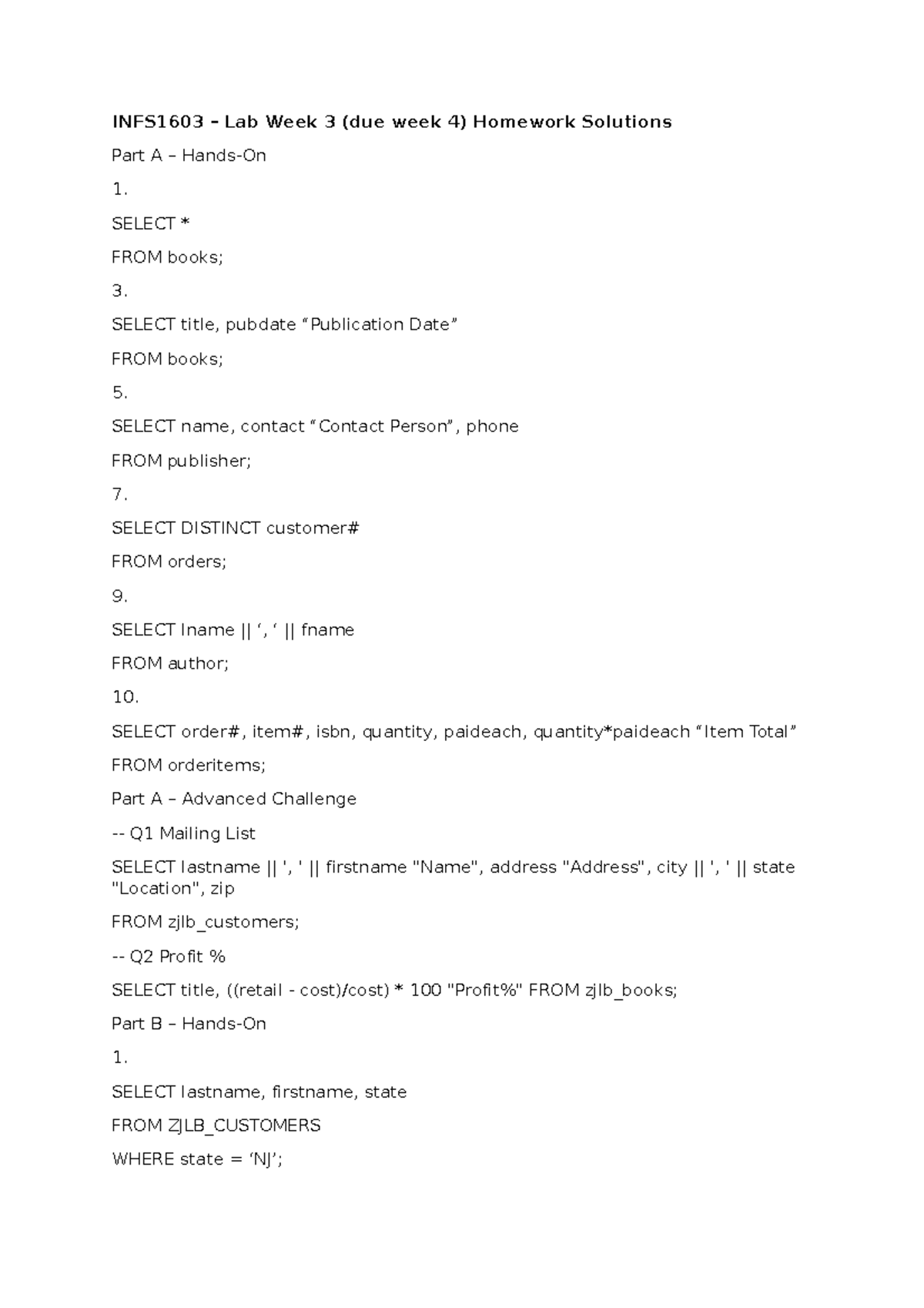 INFS1603-SQL Homework Solutions for Weeks 3 to 9 Assignments - Studocu