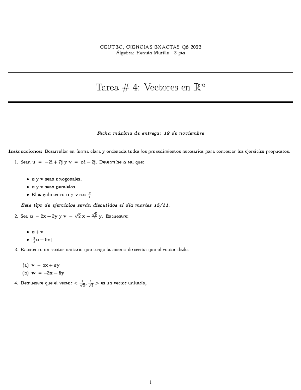 Tarea de Álgebra Lineal 4-1: Vectores en R^n - Q5 2022 - Studocu