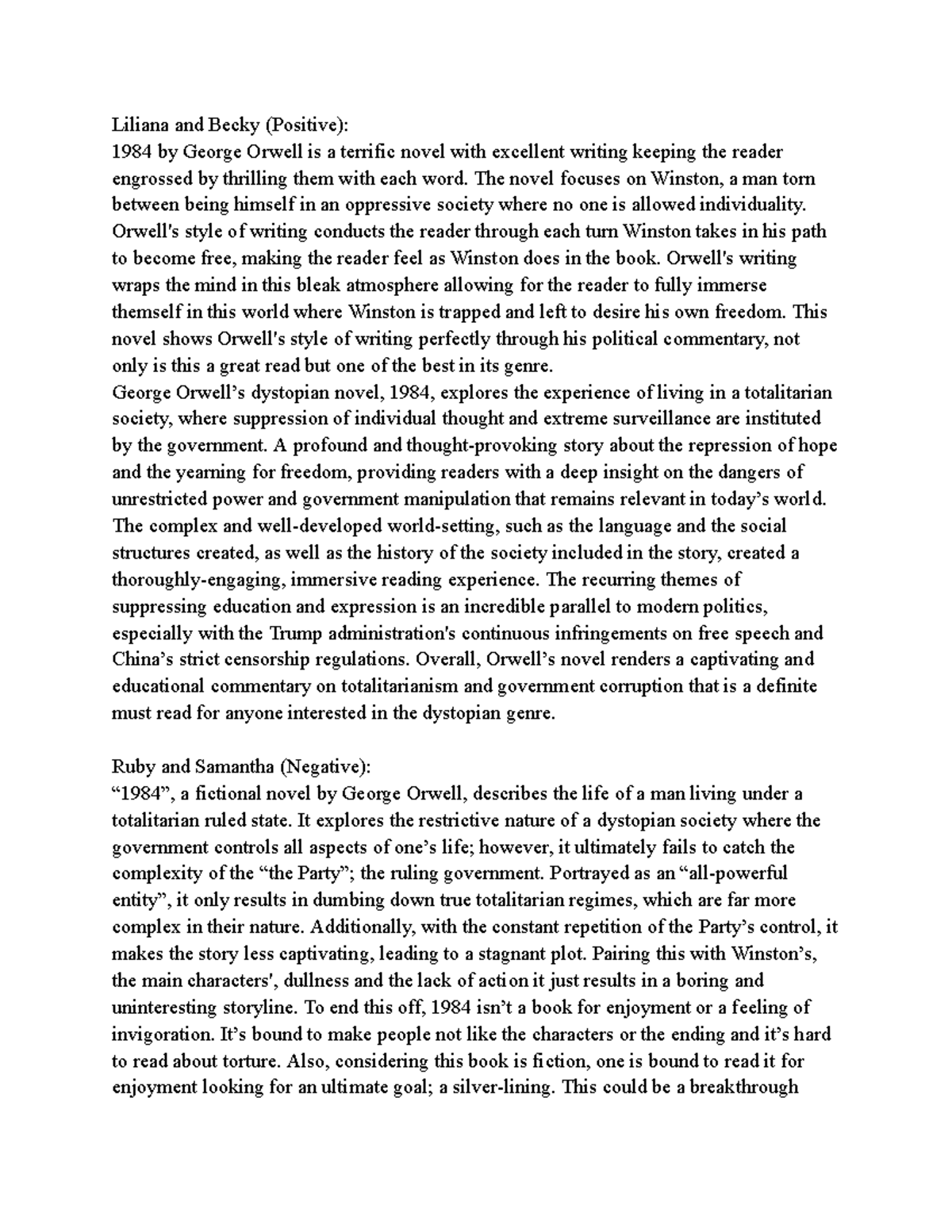 Completed Book Review of 1984: Perspectives on Orwell's Dystopia - Studocu