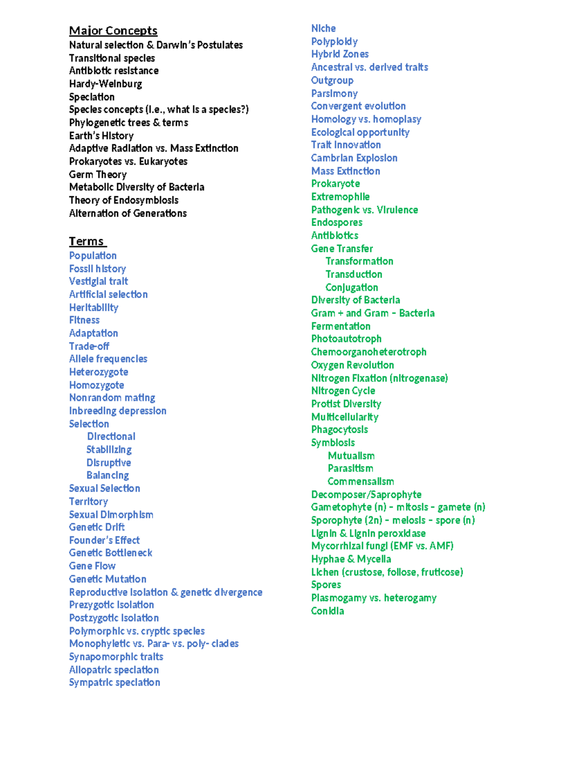 Biology Concepts & Terms Review for Exam Preparation (BIO 101) - Studocu