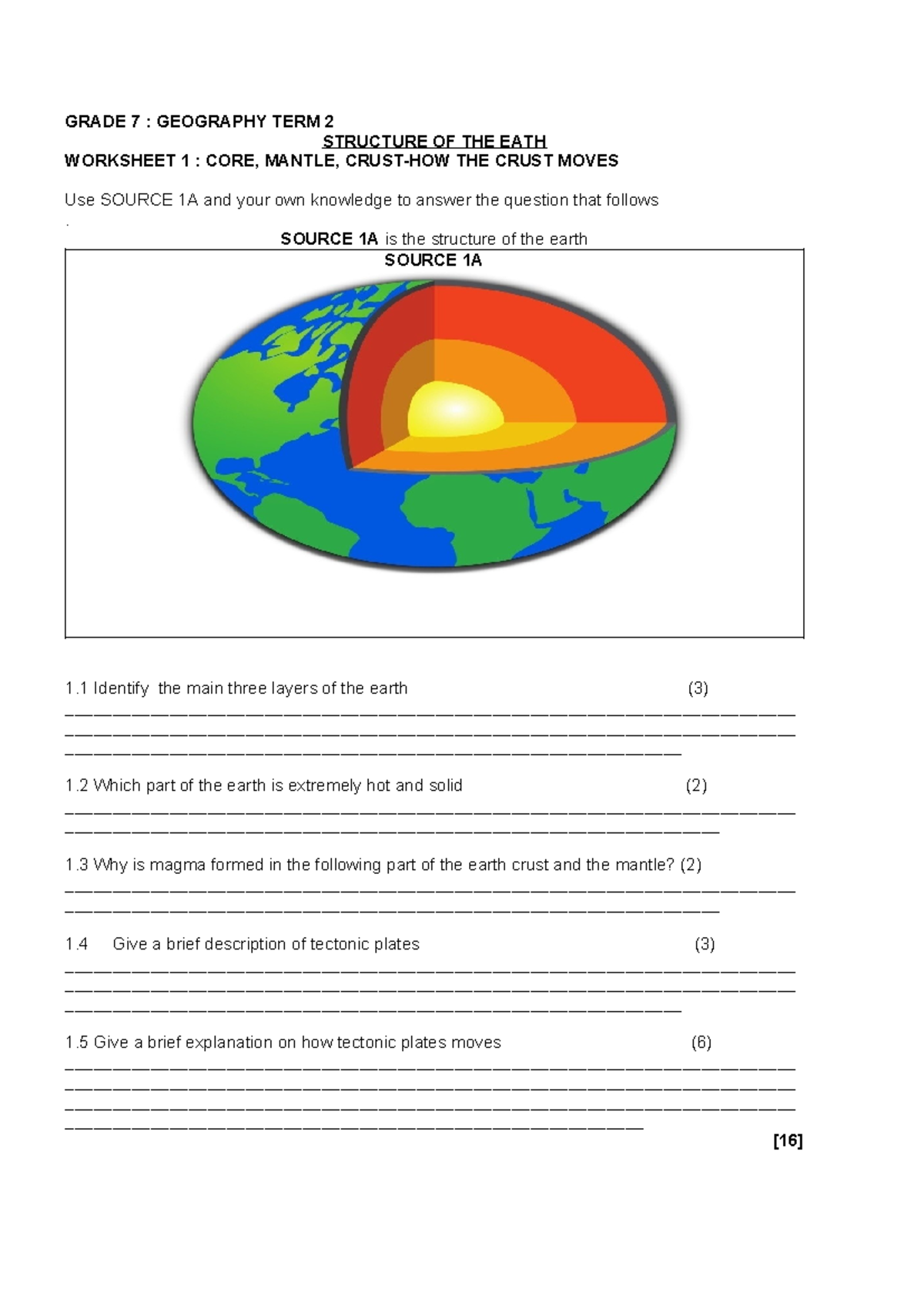 Grade 7 Geography T2 Worksheets: Core, Mantle, and Crust Analysis - Studocu