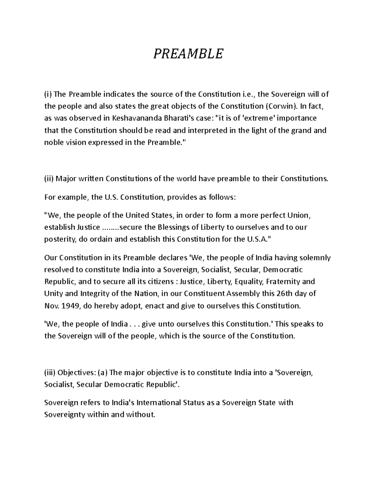 Preamble AND Citizenship - PREAMBLE (i) The Preamble indicates the ...
