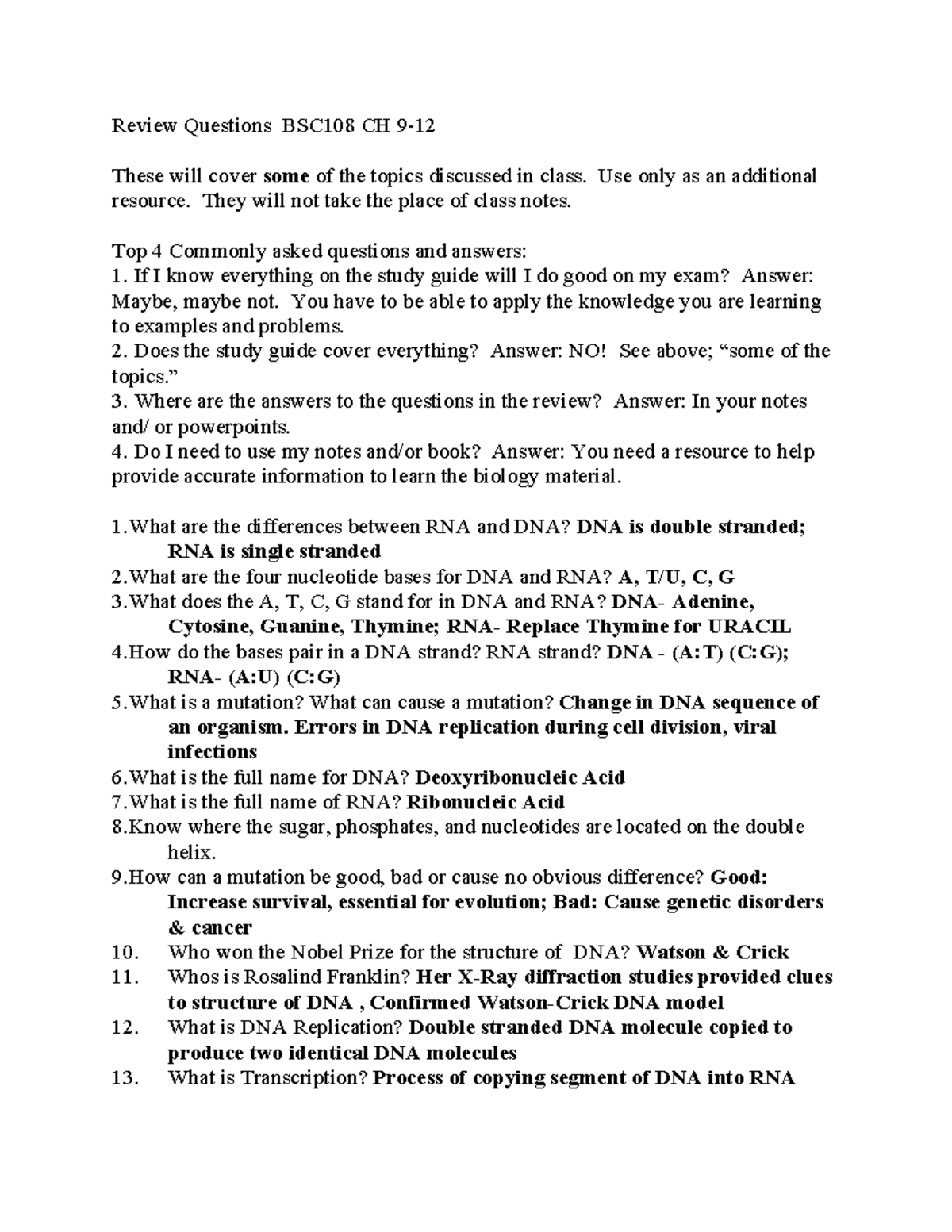 BSC 108 Test 3 Review - Review Questions BSC108 CH 9- These will cover ...