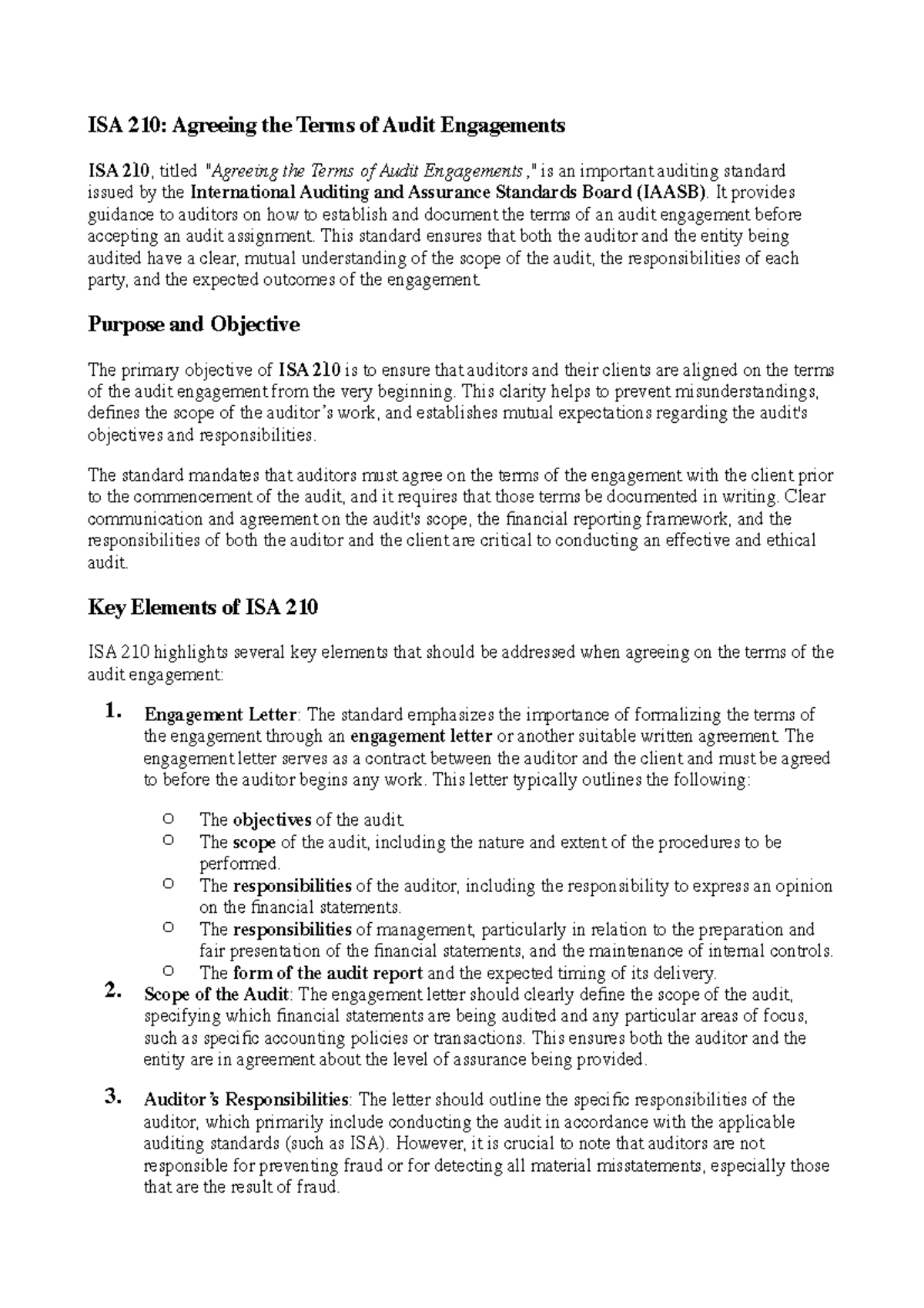 Notes about ISA 210 - Auditoria standard 210 - ISA 210: Agreeing the ...
