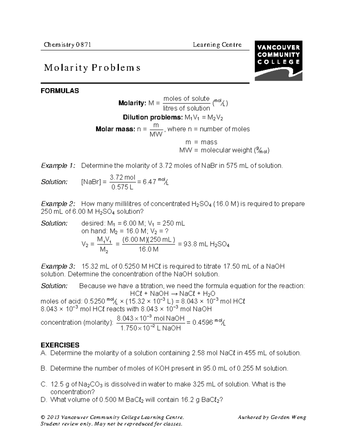 Chem0871-Molarity Problems - © 20 13 Vancouver Com m unity College ...