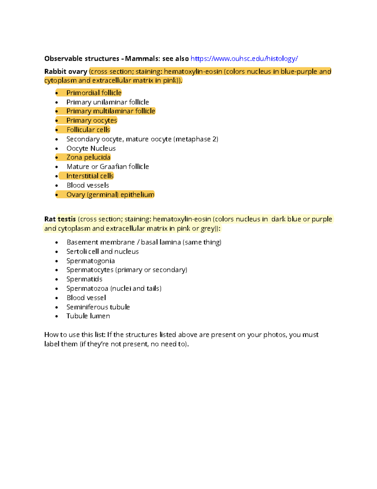 BIO1140 Observable Structures in Mammals: Ovary & Testis Analysis - Studocu
