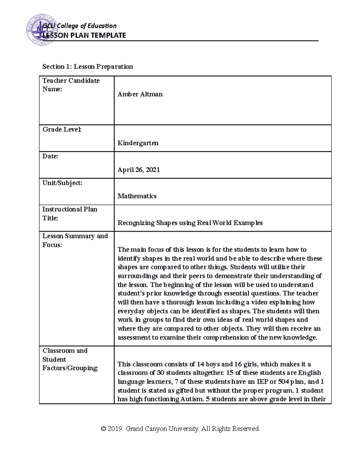 Benchmark - Creating a Standards-Based Lesson Plan - LESSON PLAN ...