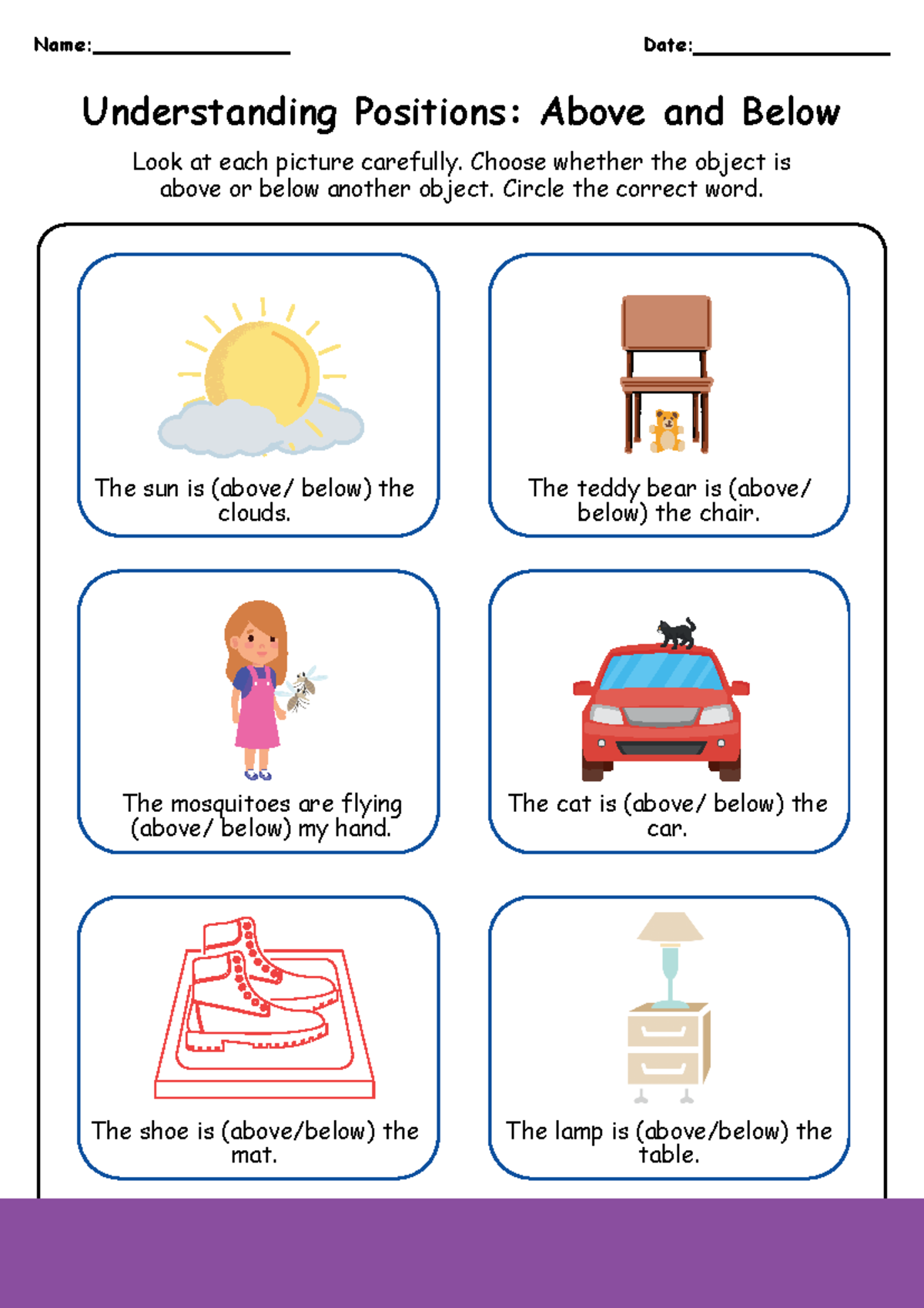 Understanding Positions: Above and Below - Kindergarten Worksheet ...
