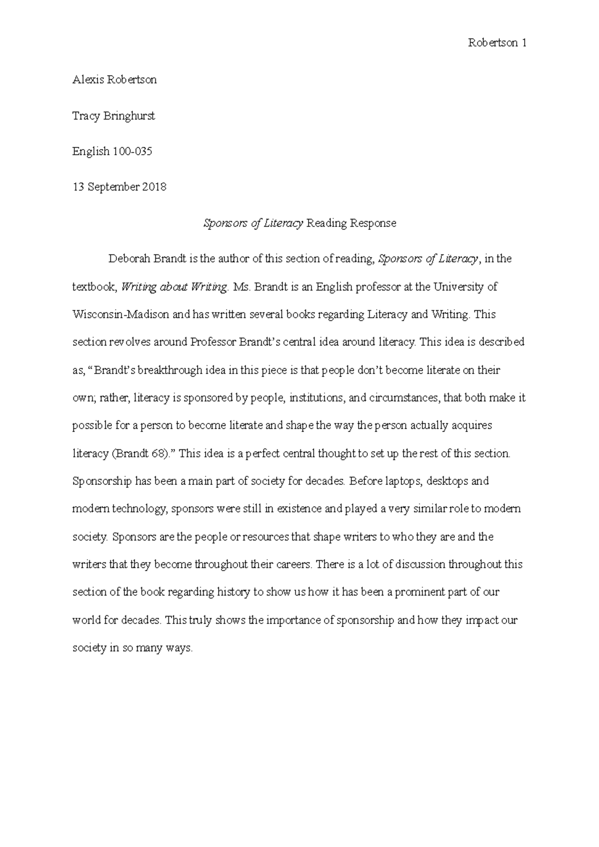 Reading Response Unit 2 - Robertson 1 Alexis Robertson Tracy Bringhurst ...