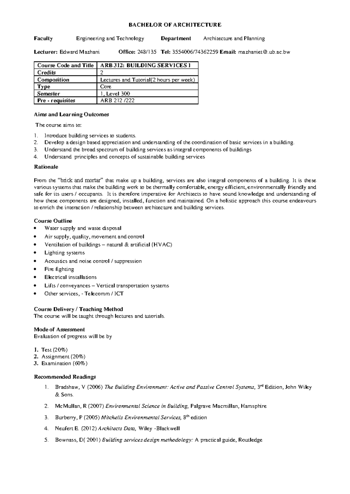 ARB 312: Building Services I Course Outline 2024-25 - Studocu