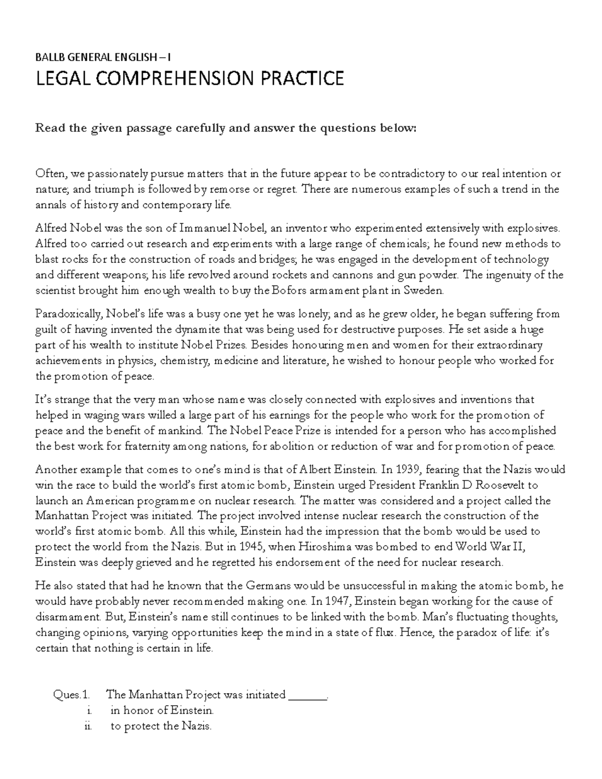 BALLB GENERAL ENGLISH I LEGAL COMPREHENSION PRACTICE PASSAGE ANALYSIS - Studocu