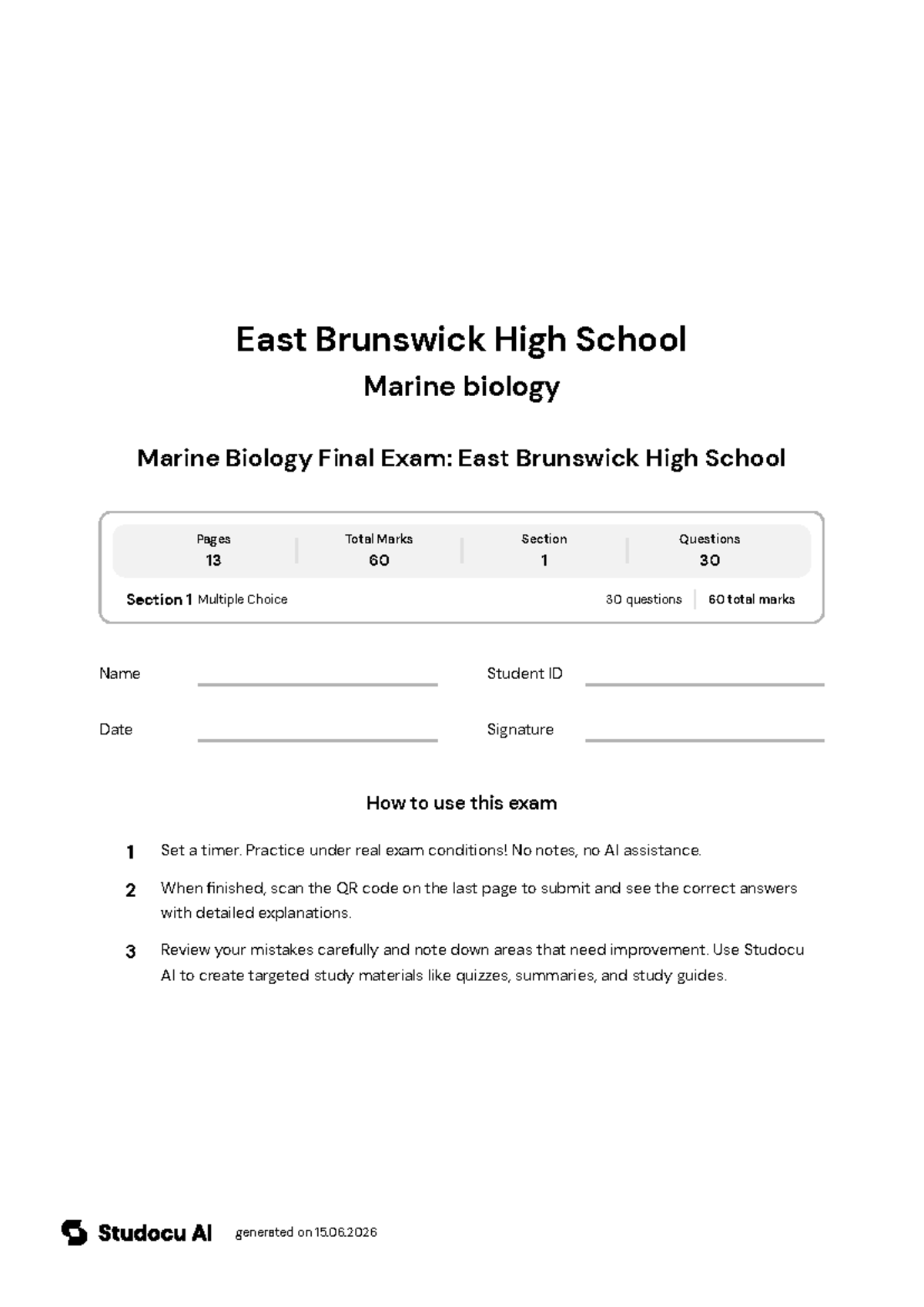 Marine Biology Final Exam: East Brunswick High School - Studocu