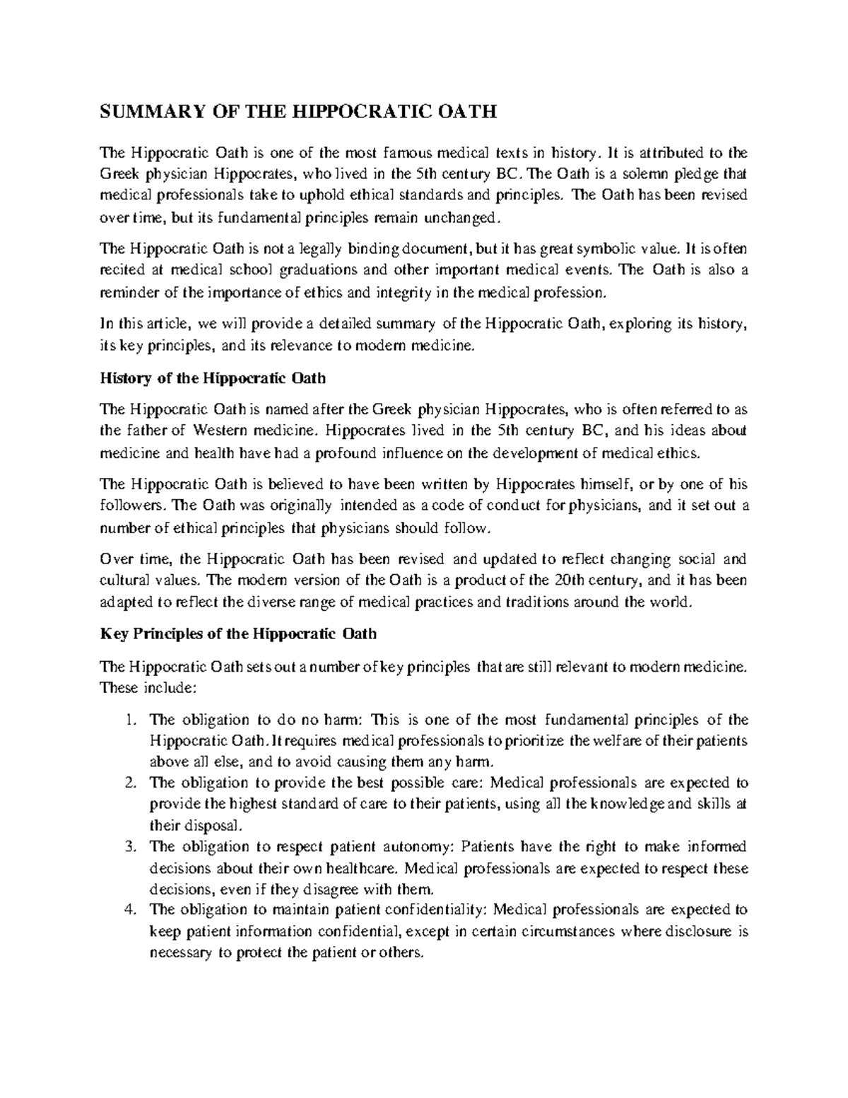 Comprehensive Summary of the Hippocratic Oath and Its Revisions - Studocu