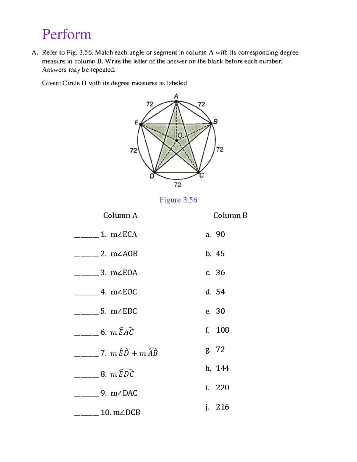 Grade 10 Circle - None - Perform A. Refer to Fig. 3. Match each angle ...