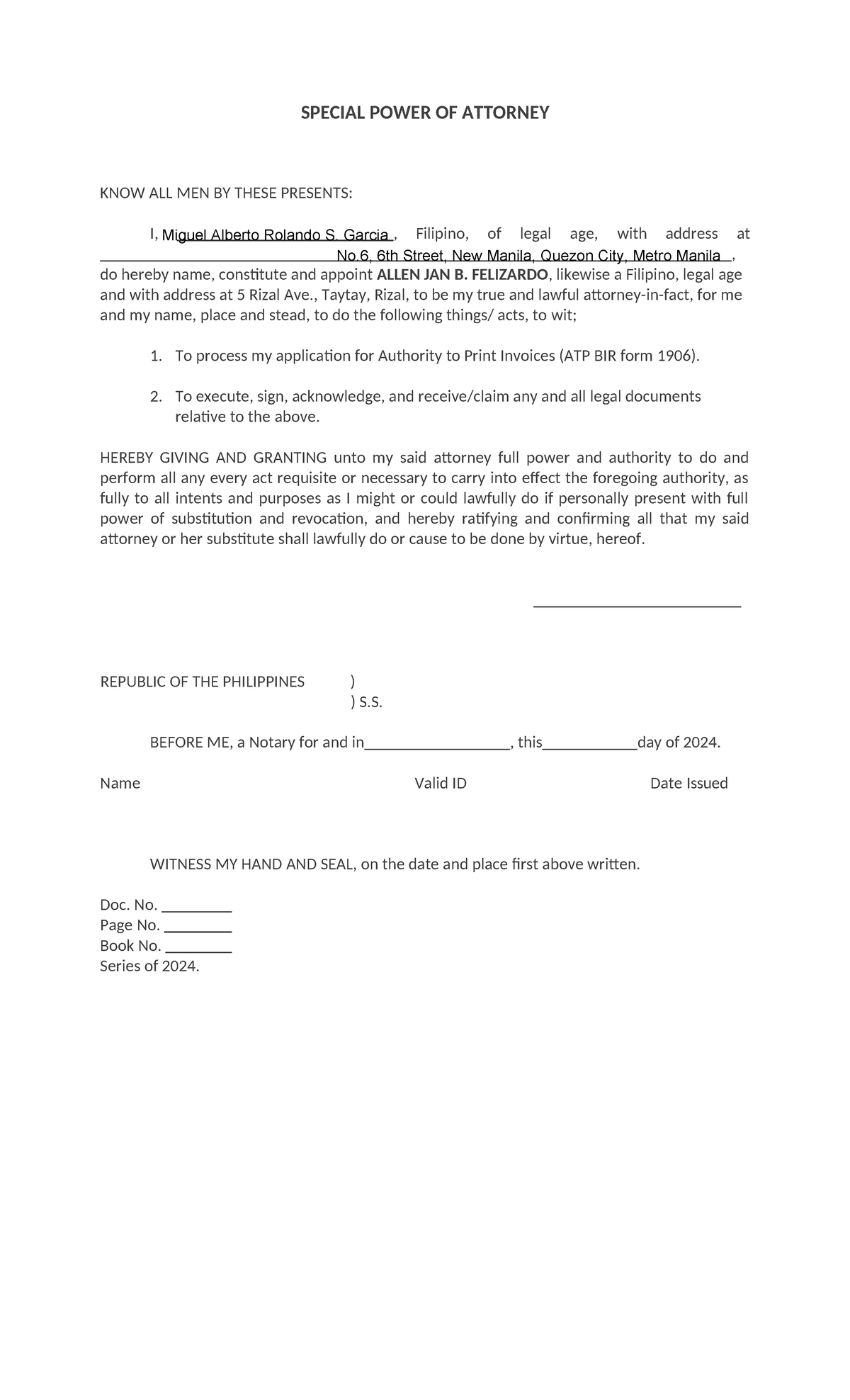 Special Power of Attorney (SPA) Sample for ATP Processing - Studocu