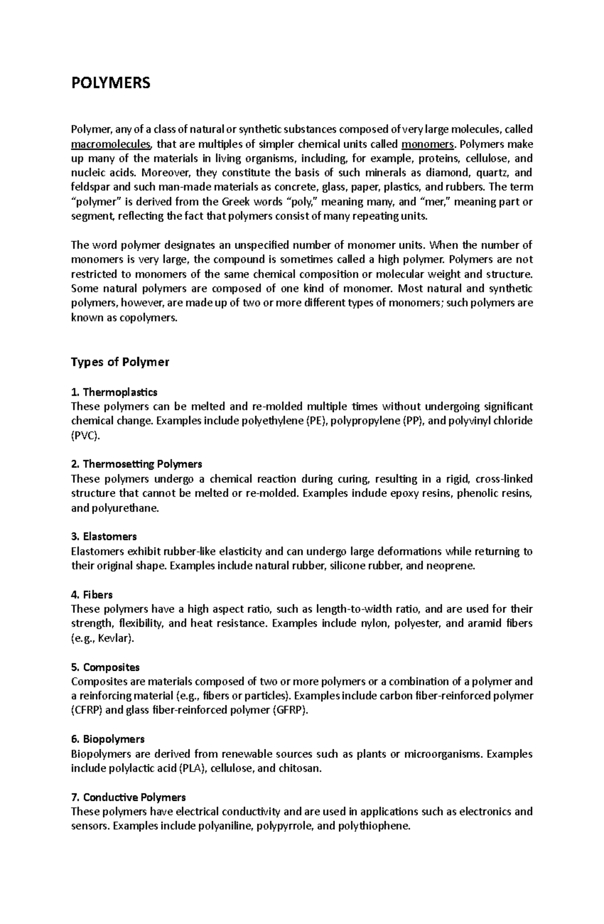 Polymers: Types and Applications - POLYMERS Polymer, any of a class of ...
