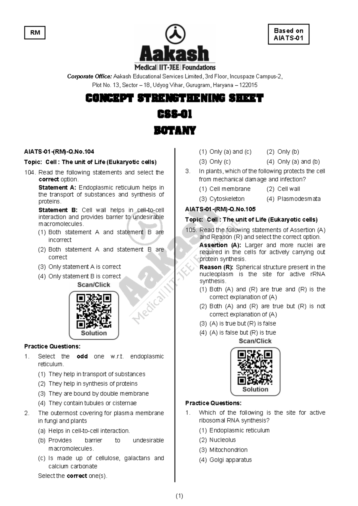 Concept Strengthening Sheet CSS 01: Botany (Eukaryotic Cells & Cell ...