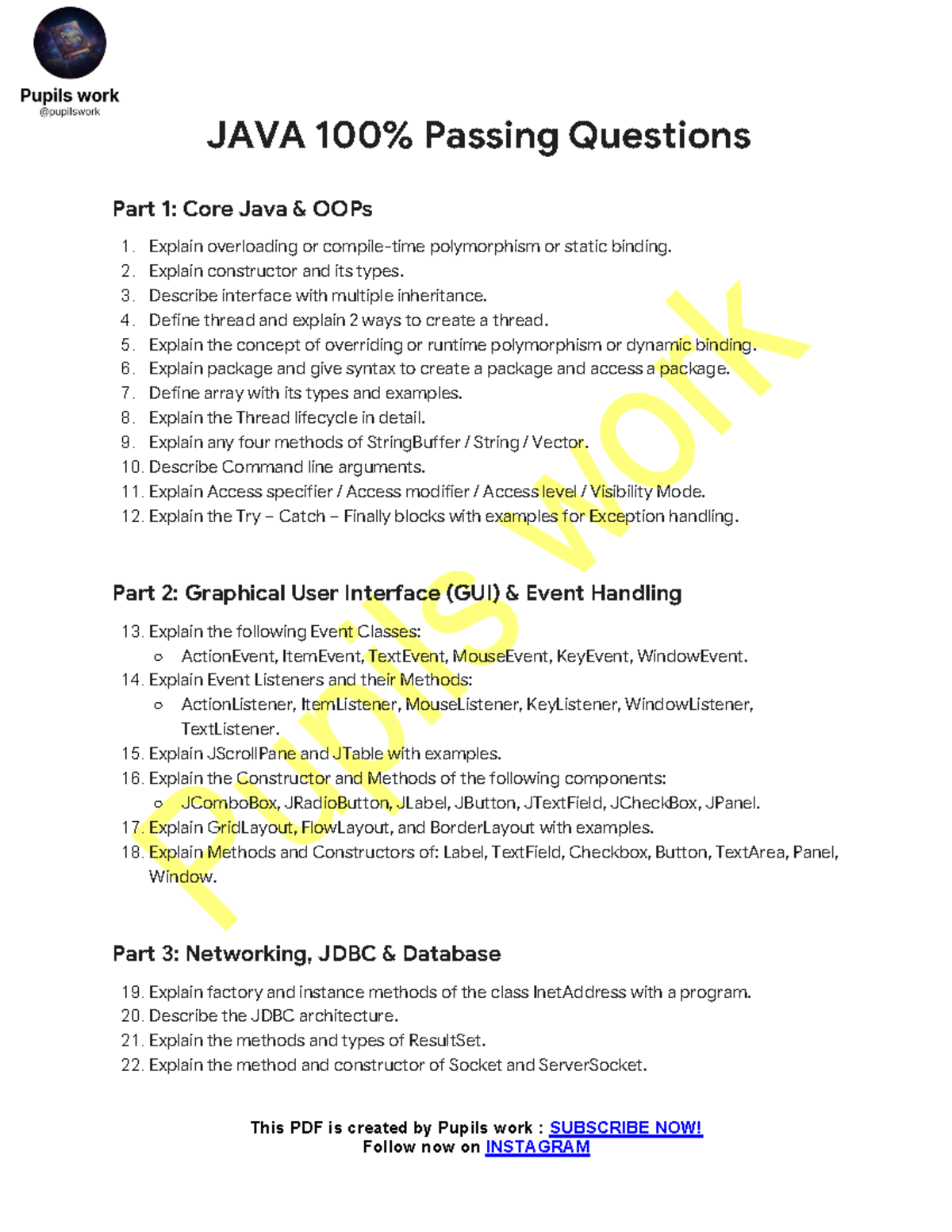JAVA Passing Questions: Core OOP, GUI, and Networking Concepts - Studocu