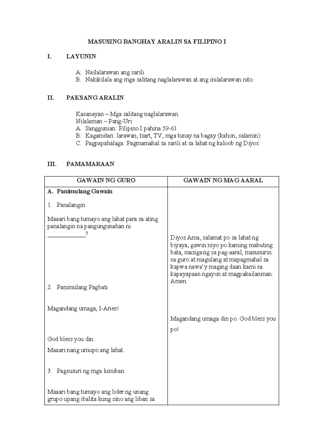 Detailed Lesson PLAN IN Filipino Grade 1 PANG URI - MASUSING BANGHAY ...