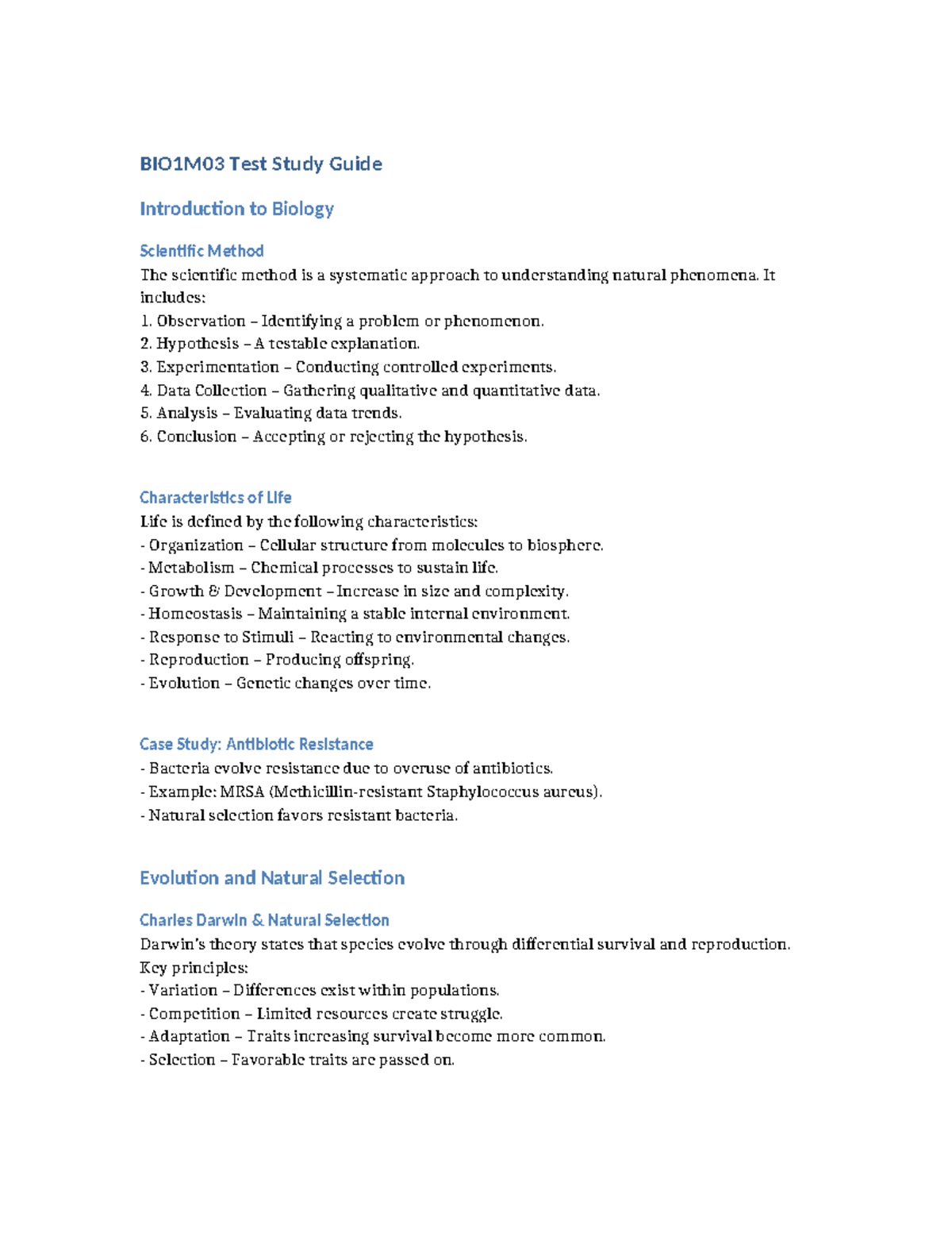 BIO1M03 Test Study Guide: Introduction to Biology & Scientific Method ...