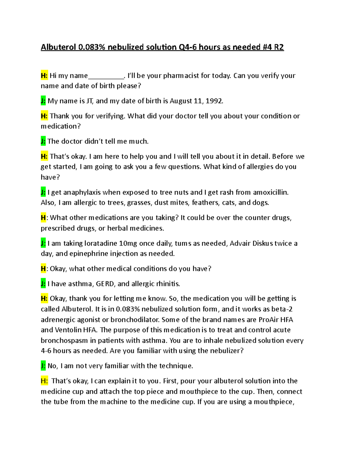 Virtual Counseling Script for Albuterol Nebulized Solution - Studocu