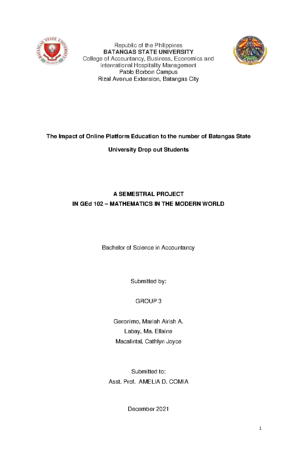 PROJECT PROPOSAL IN MATHEMATICS IN THE MODERN WORLD - Republic of the ...