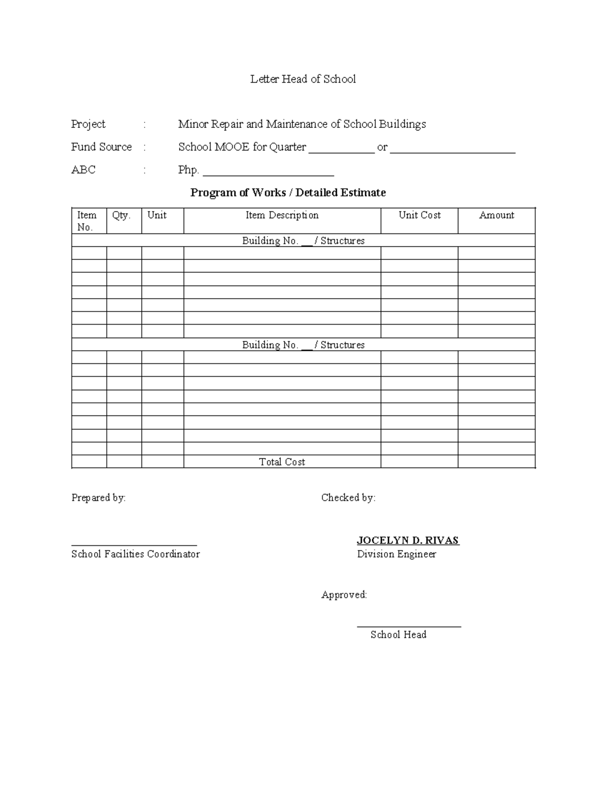 Program of Works Detailed Estimate - Letter Head of School Project ...