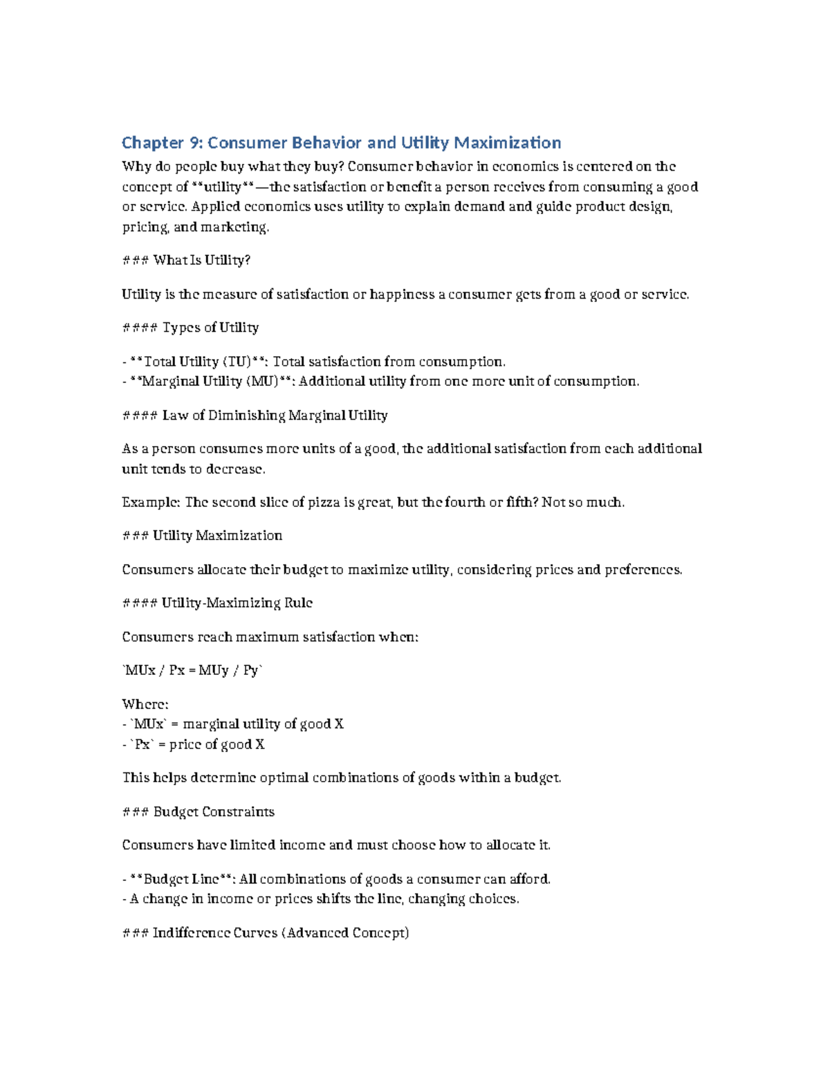 Chapter 09: Consumer Behavior & Utility Maximization Insights - Studocu