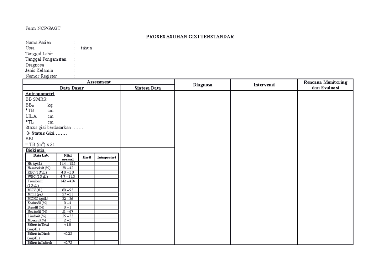 Form NCP/PAGT: Proses Asuhan Gizi Terstandar dan Evaluasi - Studocu