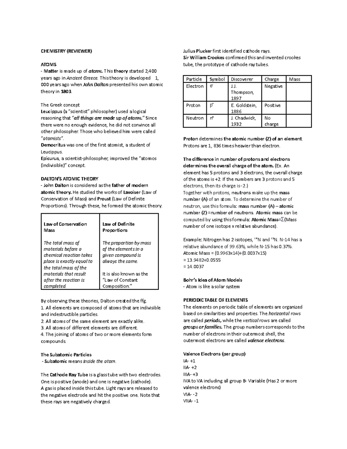 CHEM 101 Lecture Notes: Atomic Theory and Periodic Table Overview - Studocu