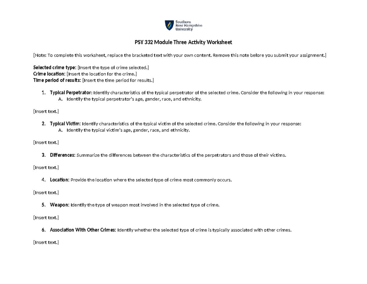 PSY 332 Module 3 Crime Analysis Activity Worksheet - Studocu