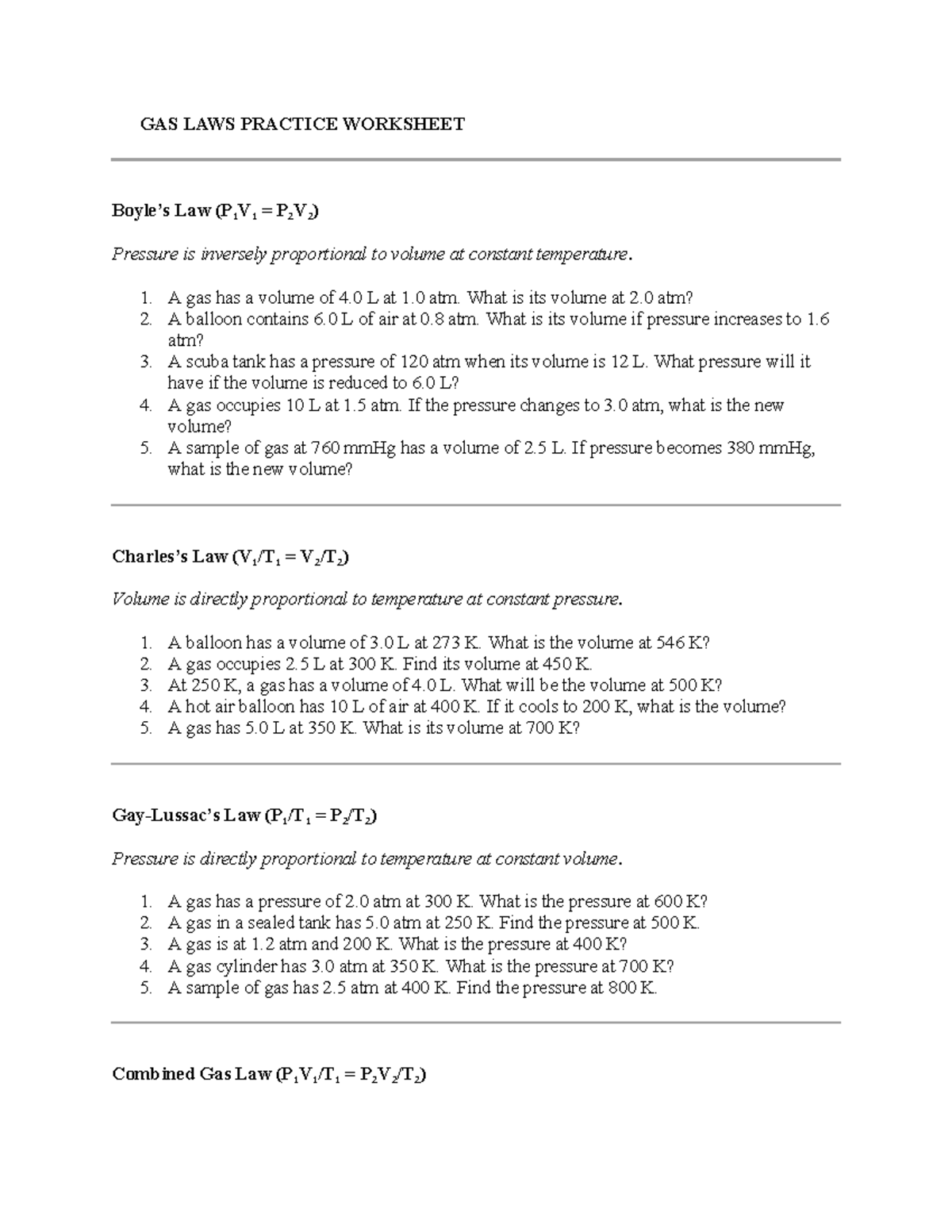 GAS LAWS PRACTICE WORKSHEET - CHEM 1 - Studocu