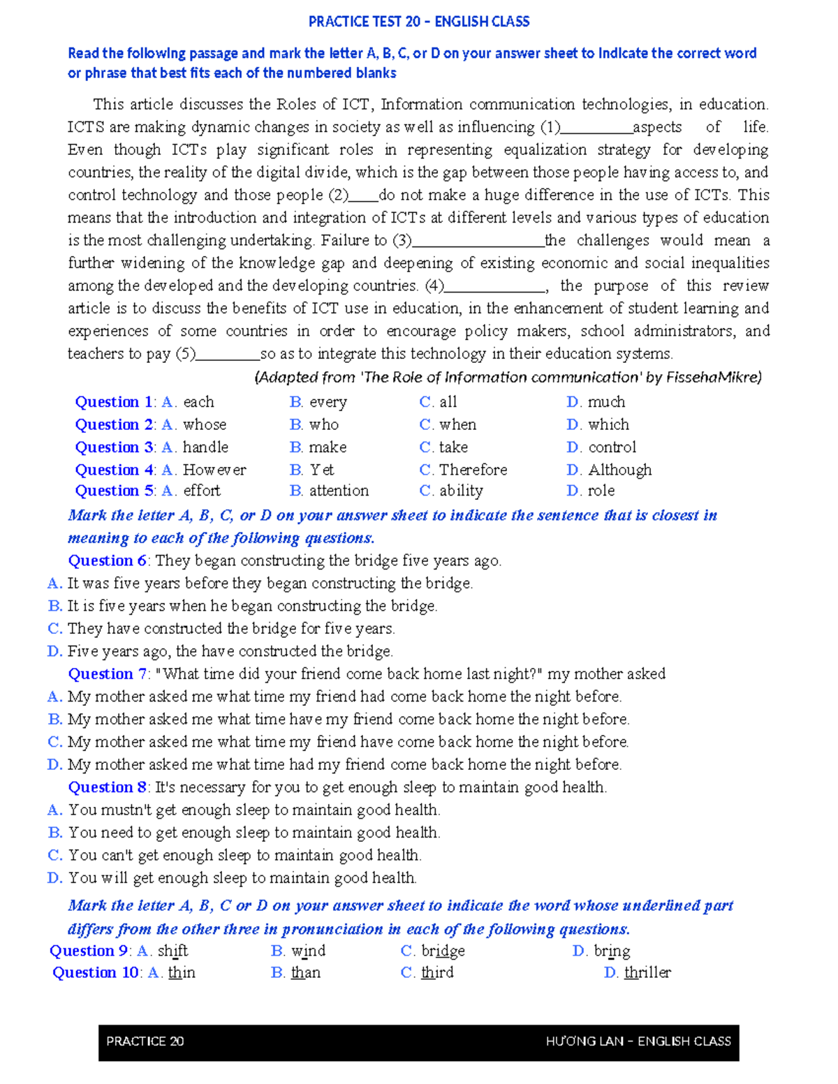 PRACTICE TEST 20: ENGLISH CLASS Exam Questions and Answers - Studocu